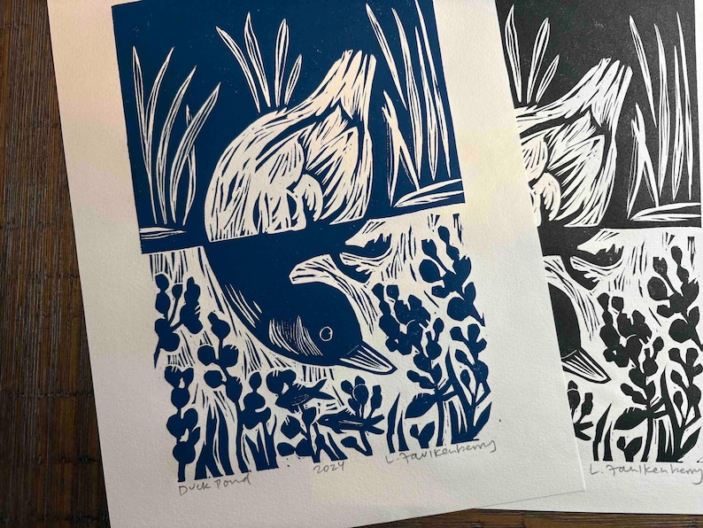 Duck Pond Linocut Block Print in Blue, Original Wall Art Print for ...