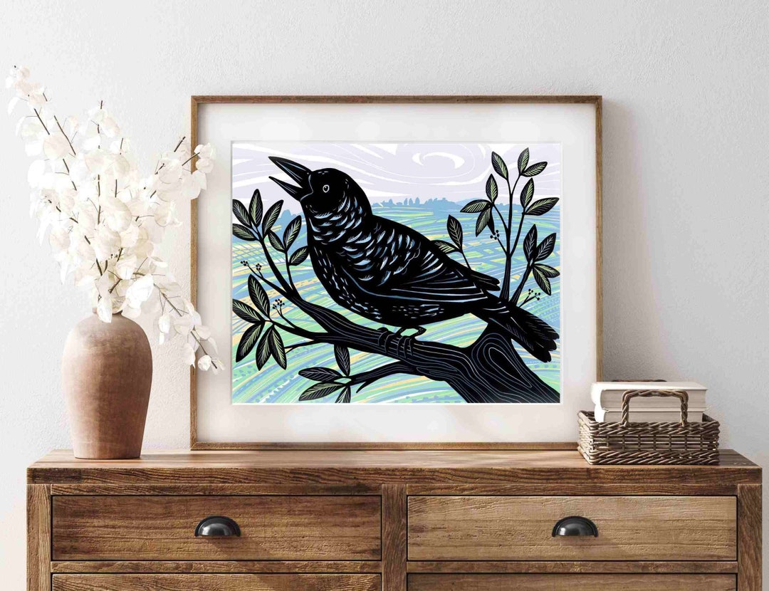 Wall Art Print With Crow in Meadow, Gift for Bird Lover, Modern Rustic ...