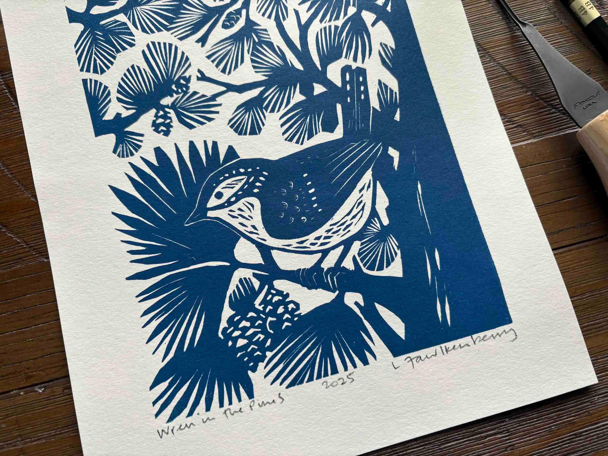 Blue Wren in the Pines Linocut Block Print, Original Wall Art Print ...