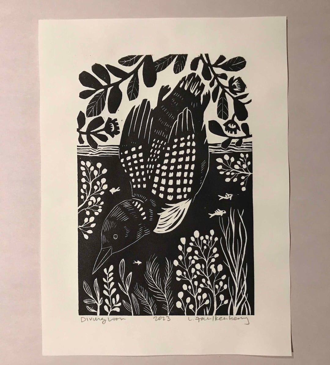 Loon Linocut Block Print, Original Wall Art Print, Black and White Fine ...