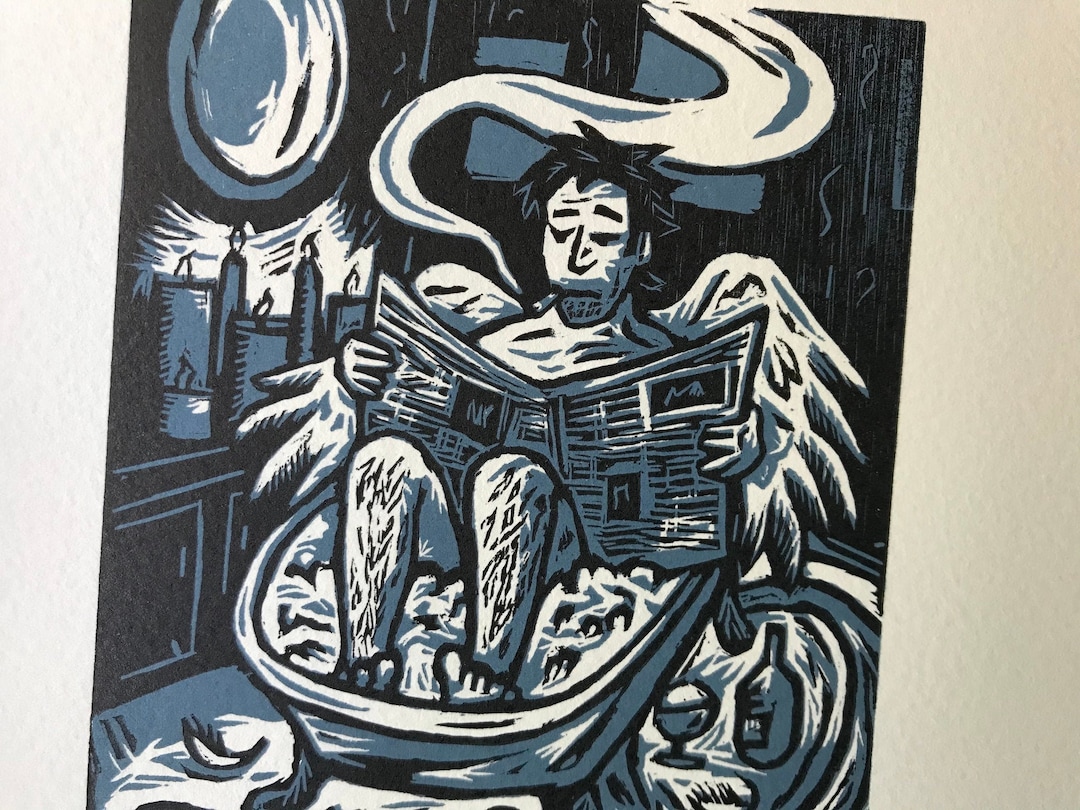 Wood Engraving With Bad Angel in the Bath, Original Art Print, Small ...