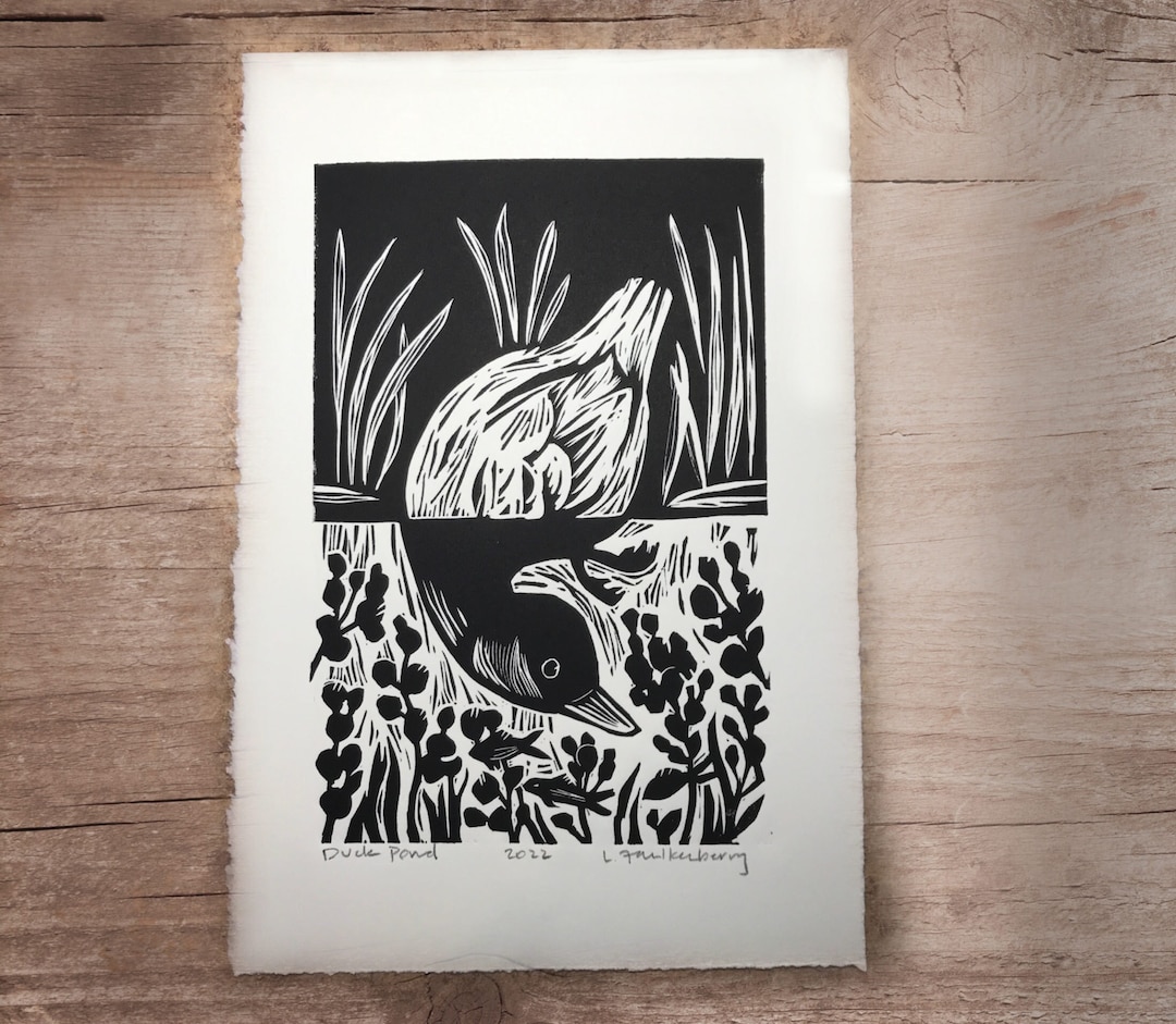 Duck Art Print, Linocut Block Print With Diving Duck, Rustic Home Decor ...