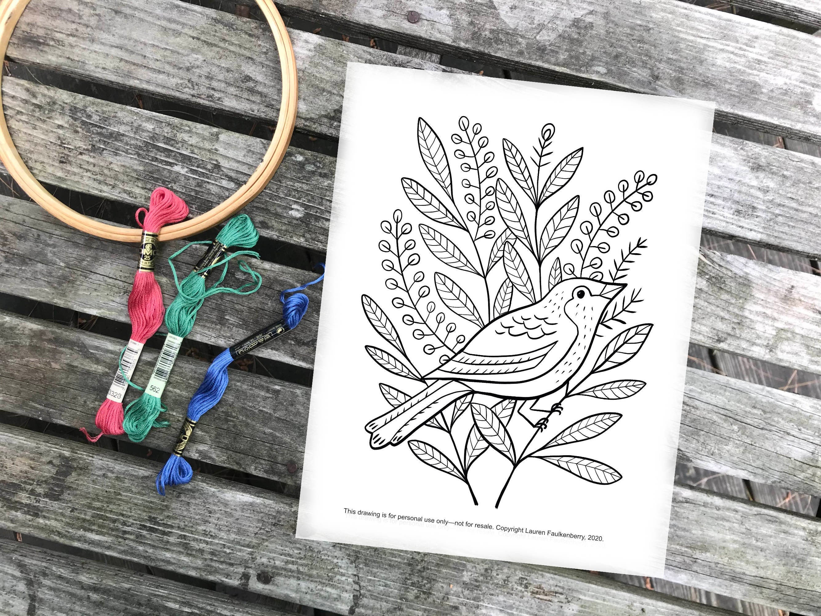 Single Bird Embroidery Pattern / Coloring Page with Birds / | Etsy