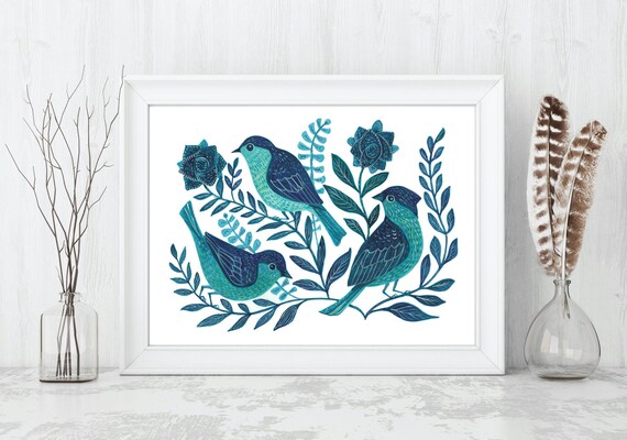 Wall Art Print With Birds Boho Folk Art Bird Print Home - Etsy