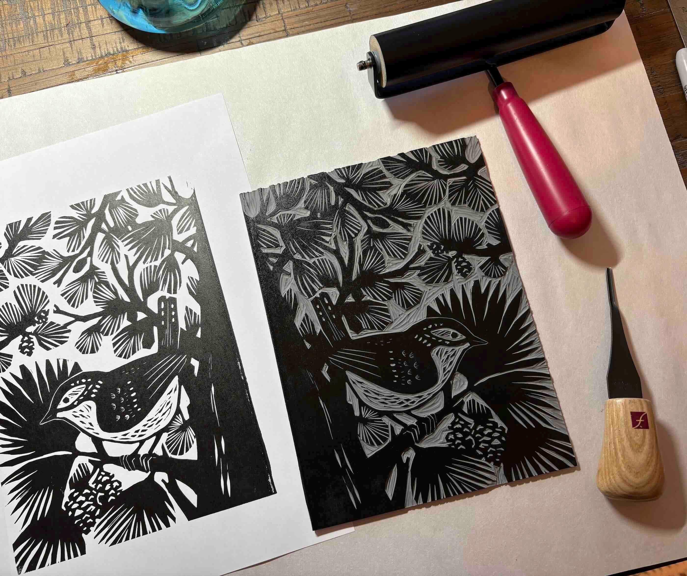 Blue Wren in the Pines Linocut Block Print, Original Wall Art Print ...