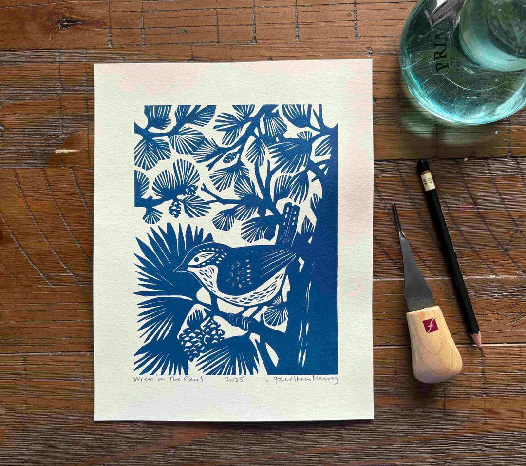 Blue Wren in the Pines Linocut Block Print, Original Wall Art Print ...