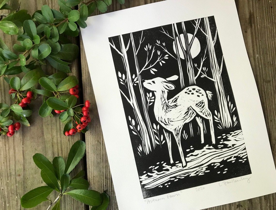 Autumn Fawn Linocut Print Woodland Deer Fine Art Print | Etsy