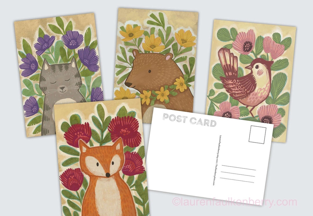 Postcard Set With Woodland Animals, Cute Postcrossing Cards - Etsy