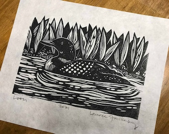 Loon on Lake Linocut Print Nature Themed Wall Art - Etsy