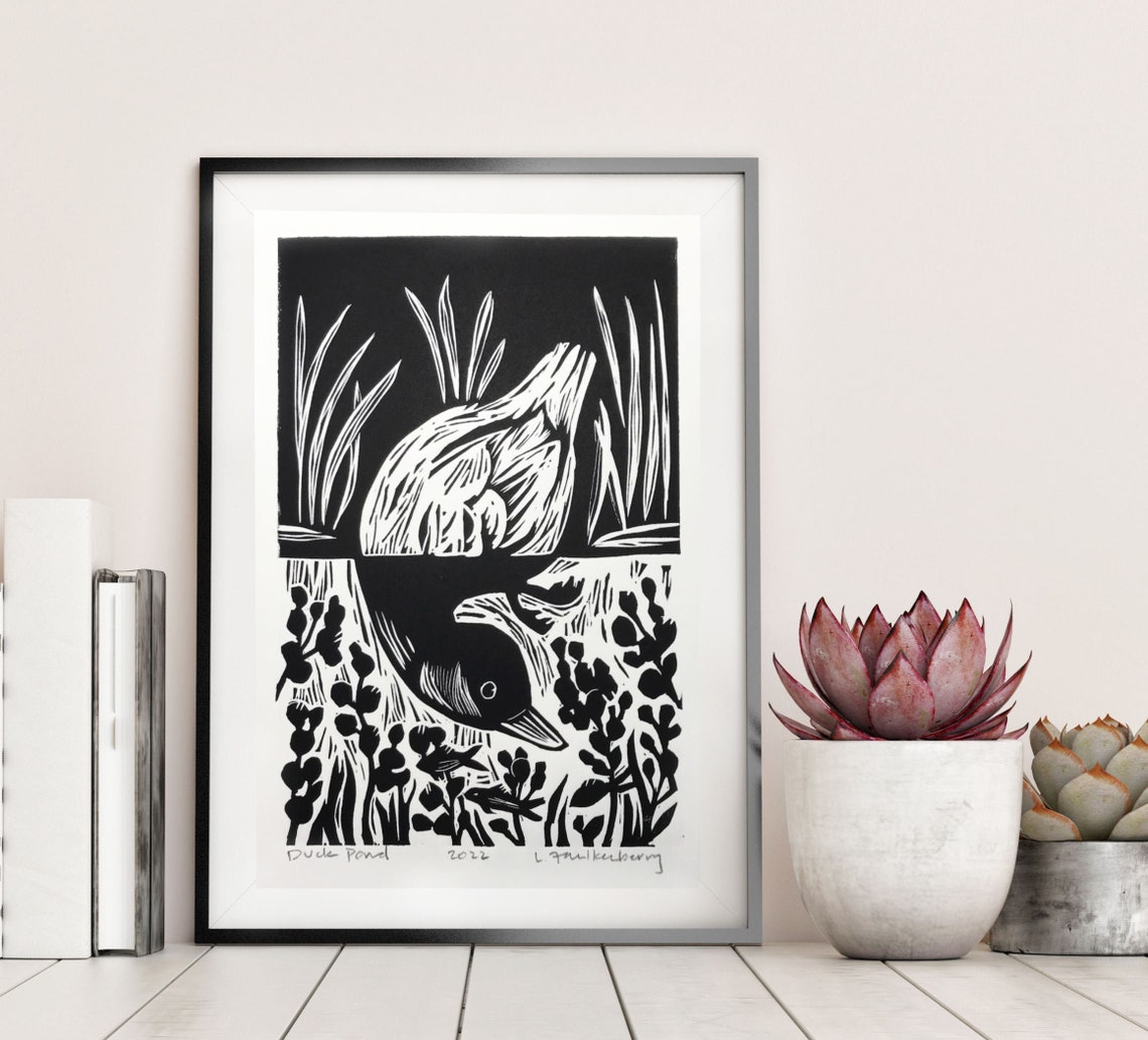 Duck Pond Linocut Block Print Original Wall Art Print Black - Etsy