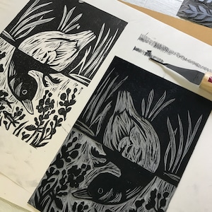 Duck Pond Linocut Block Print in Blue, Original Wall Art Print for ...