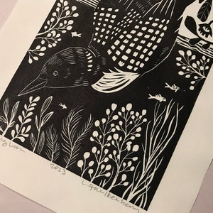 Diving Loon Linocut Block Print, Original Wall Art Print, Black and ...