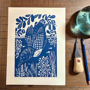 Diving Loon Linocut Block Print, Original Wall Art Print for Nature ...
