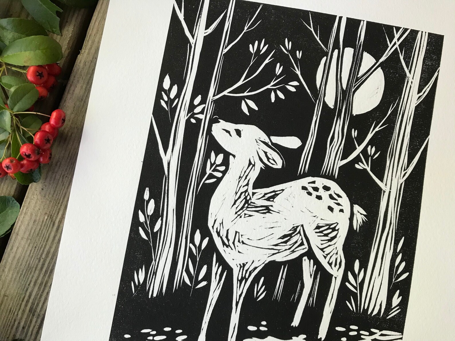 Autumn Fawn Linocut Print Woodland Deer Fine Art Print - Etsy