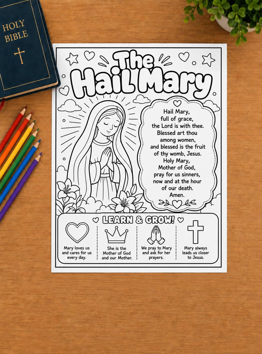 Hail Mary Coloring Page Printable, Catholic Kids Activity, Virgin Mary ...