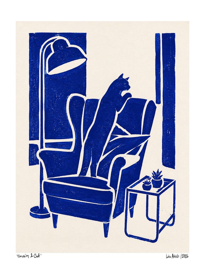 Curiosity & Cat Blue Art Print, Linocut Style Cat Illustration - Etsy