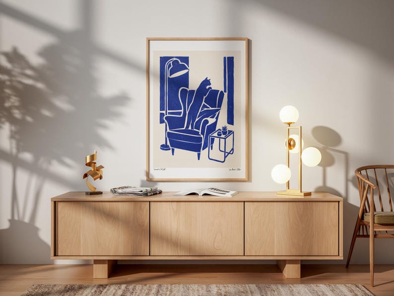 Curiosity & Cat Blue Art Print, Linocut Style Cat Illustration - Etsy
