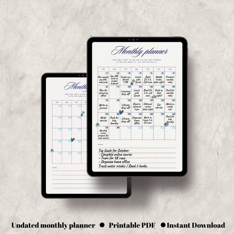 Monthly Planner Printable PDF | Undated Monthly Calendar | Printable ...