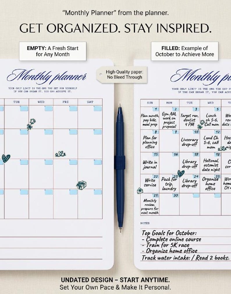 Monthly Planner Printable PDF | Undated Monthly Calendar | Printable ...