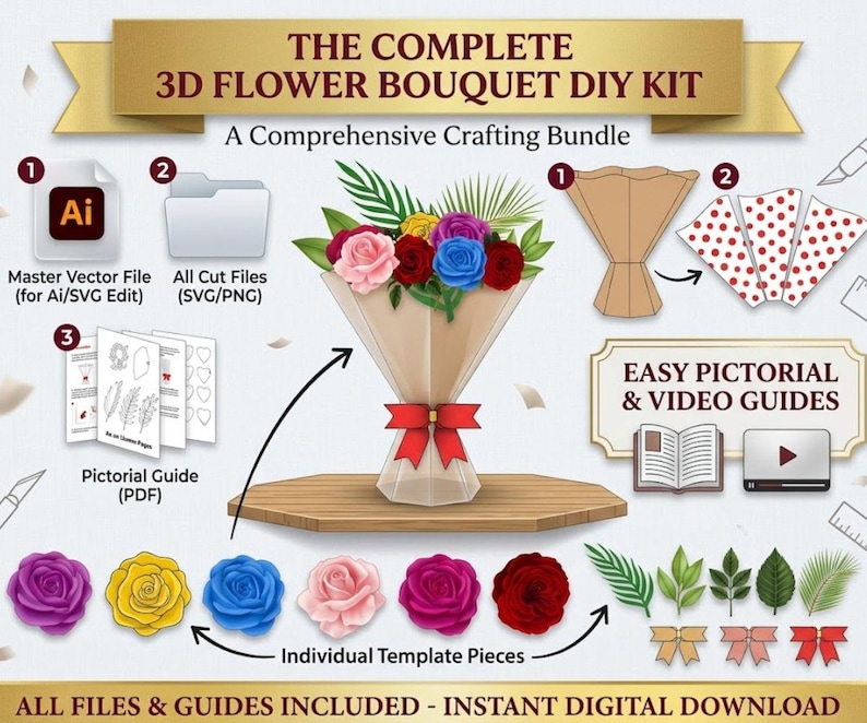 Paper Flower Bouquet Vase Template SVG | Instant Digital Download | 3D ...