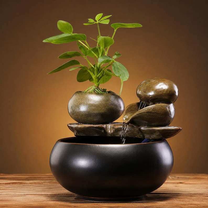 Zen Indoor Water Fountain With Plant – Tabletop Relaxation Fountain ...