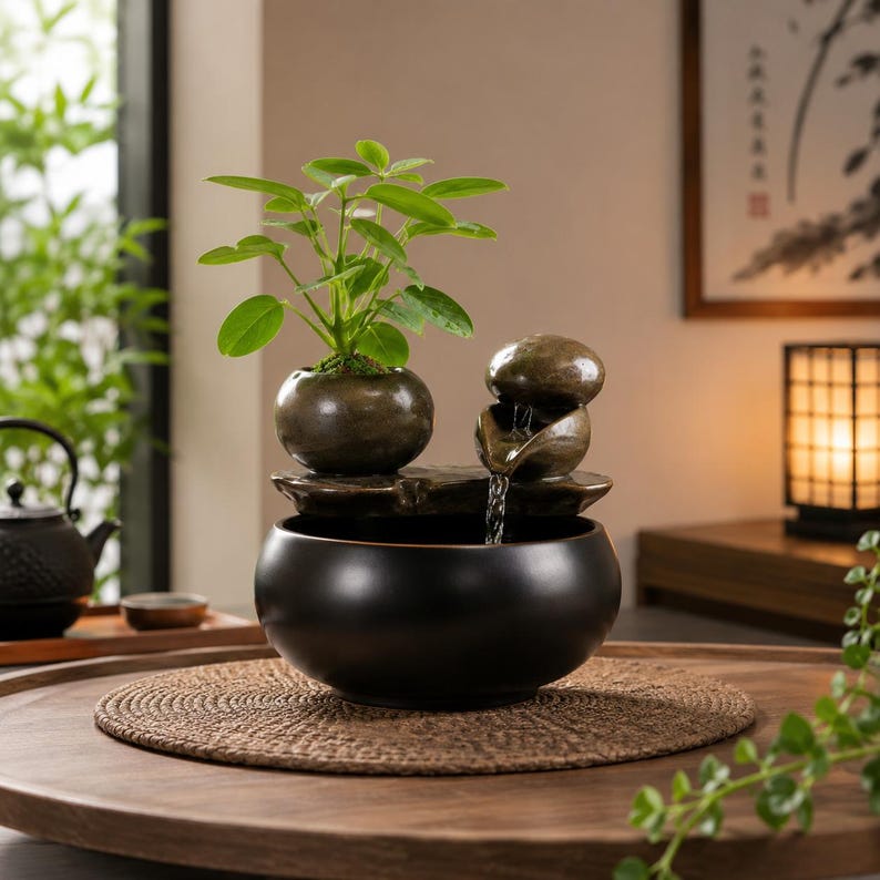Zen Indoor Water Fountain With Plant – Tabletop Relaxation Fountain ...