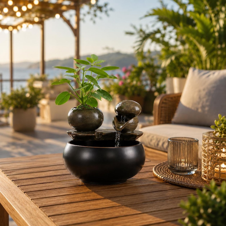 Zen Indoor Water Fountain With Plant – Tabletop Relaxation Fountain ...
