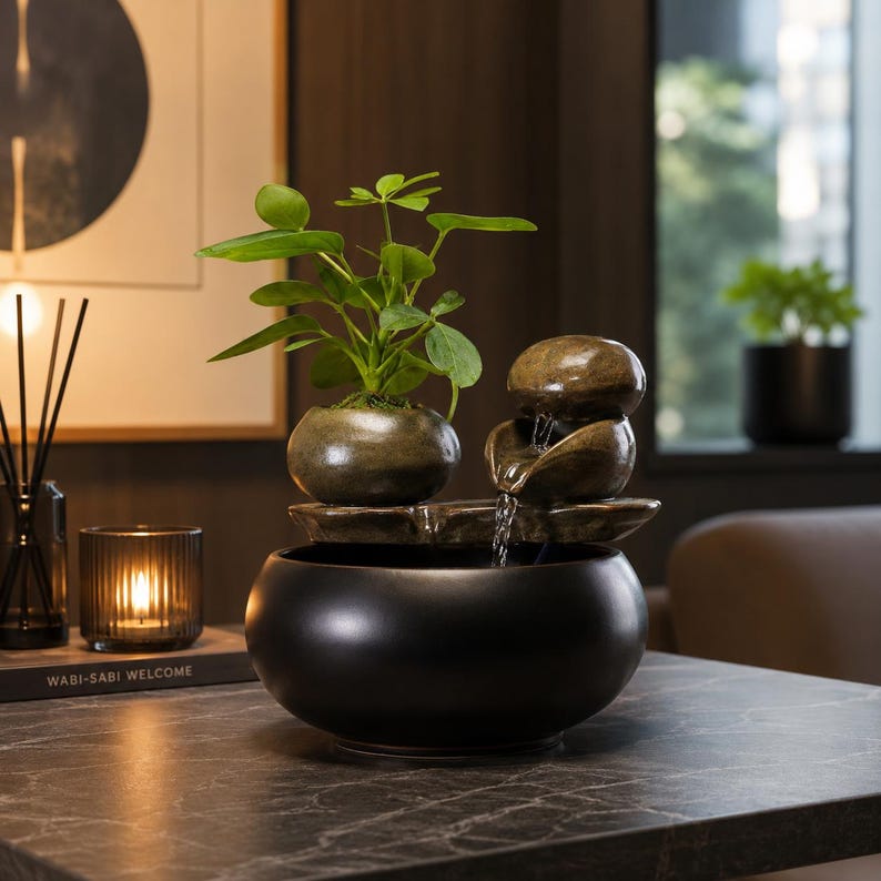 Zen Indoor Water Fountain With Plant – Tabletop Relaxation Fountain ...