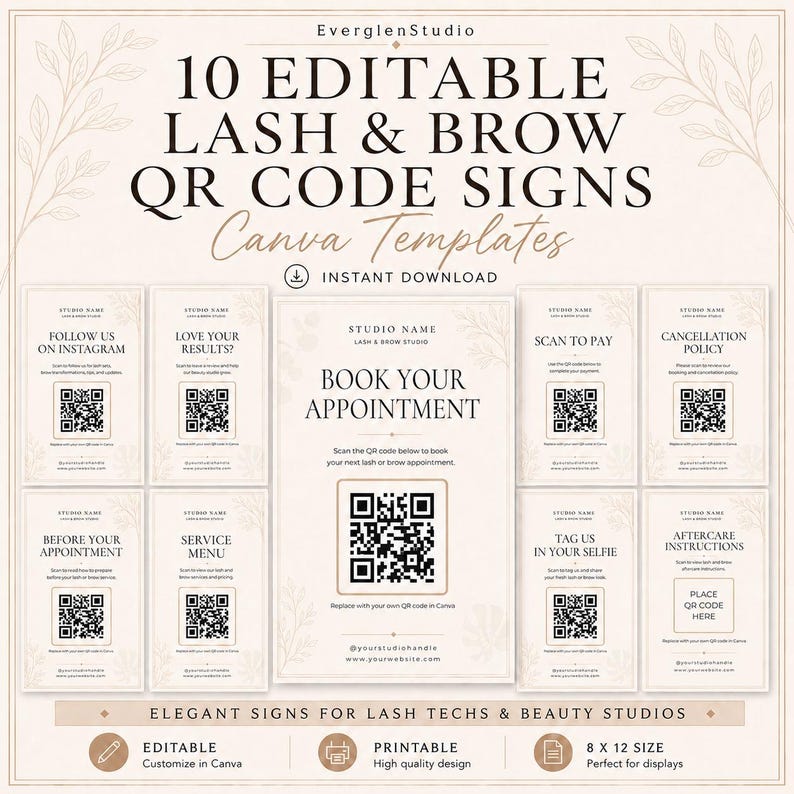 10 Editable Lash & Brow QR Code Signs Canva Template, Lash Tech Salon ...