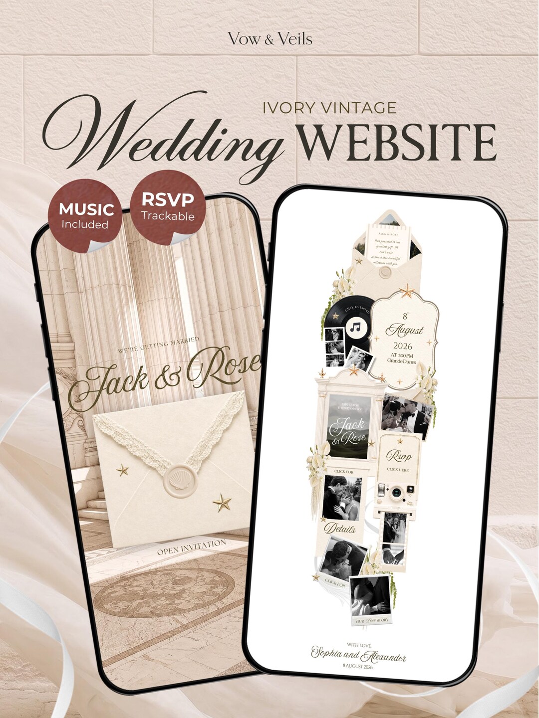 Ivory Wedding Website Template Canva | Vintage Elegant Digital ...
