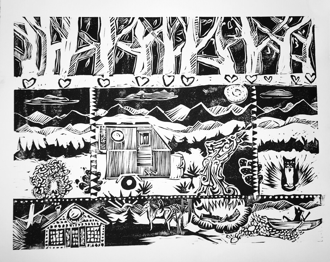 Tiny House Linoleum Print - Etsy