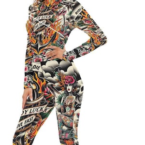 Lady Luck Tattoo One Piece Jumpsuit Romper, Turtleneck Bodycon Outfit ...