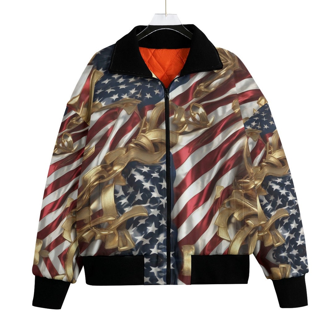 American Flag USA Patriotic Jacket Coat Gold Bomber Unisex Glittery ...