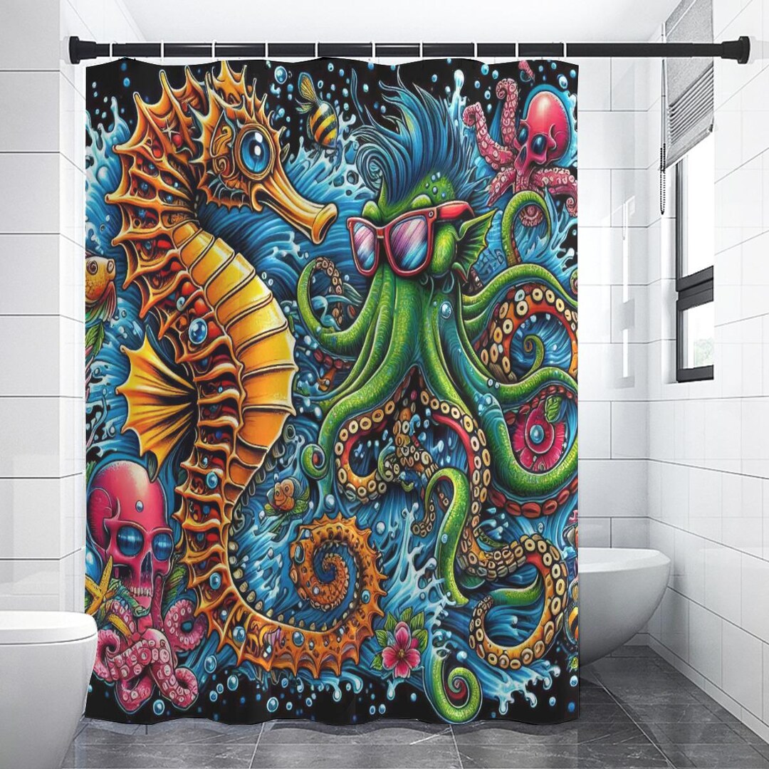 Graffiti Seahorse Octopus Shower Curtain Home Decor Colorful ...