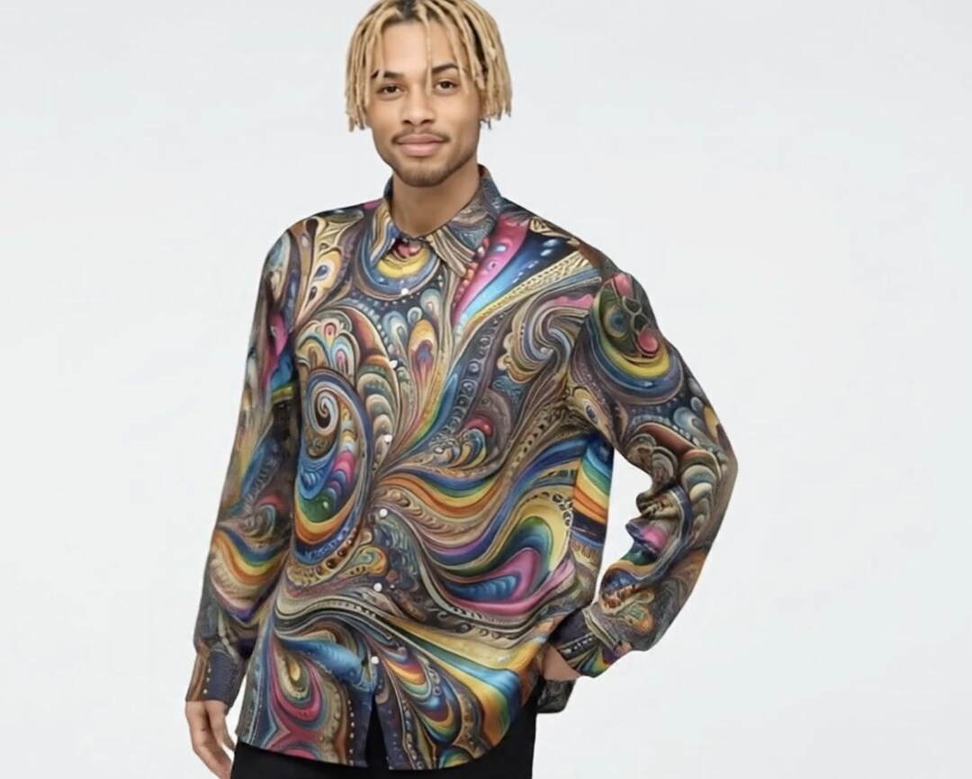 Psychedelic Satin Shirt Mens Trippy Dress Button Down Long Sleeve Psy ...