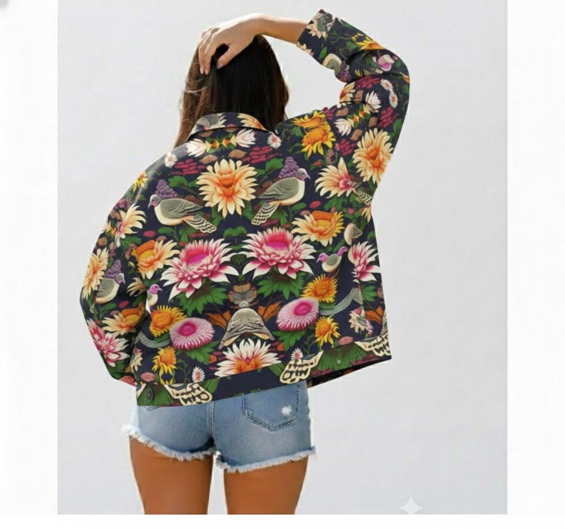 Lotus Flower Cotton Jacket Casual Lightweight Shacket B Floral Pink ...