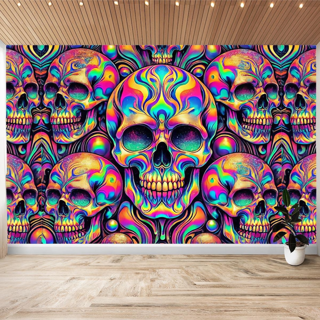 Psychedelic Skull Wallpaper Peel and Stick, Vinyl Wall Mural, Purple ...