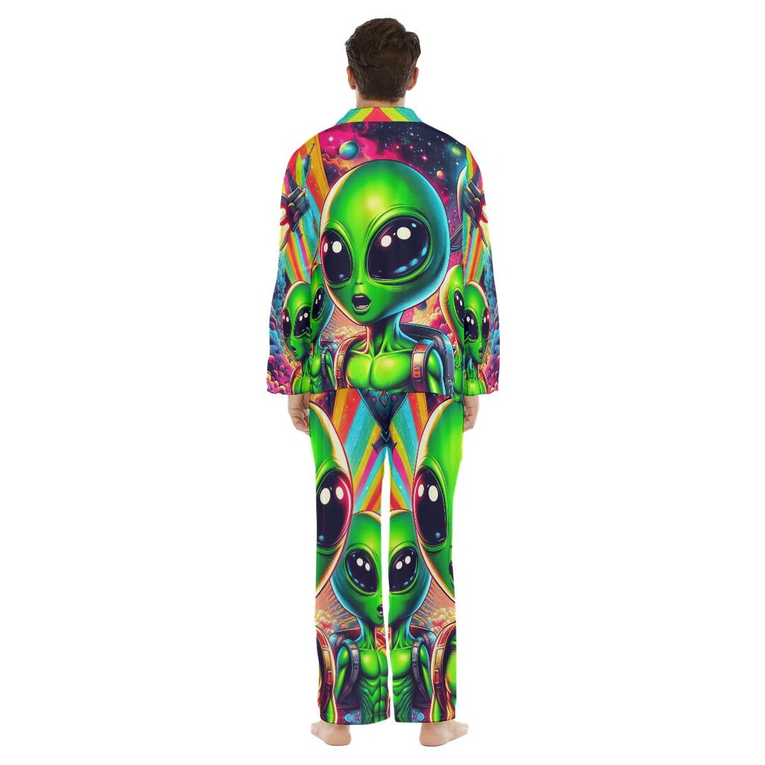 Comic Alien Mens Satin Pajamas Button Down Sleepwear Gift Menswear ...