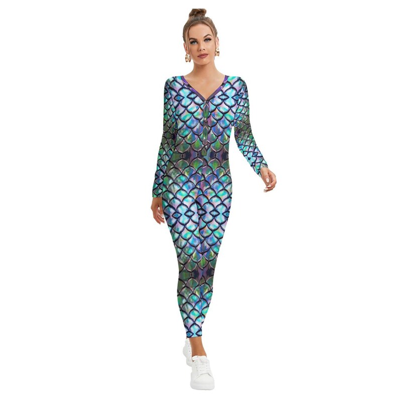 Tarpon Fish Scale One Piece Cat Suit Jumpsuit Romper, V Neck Bodycon ...