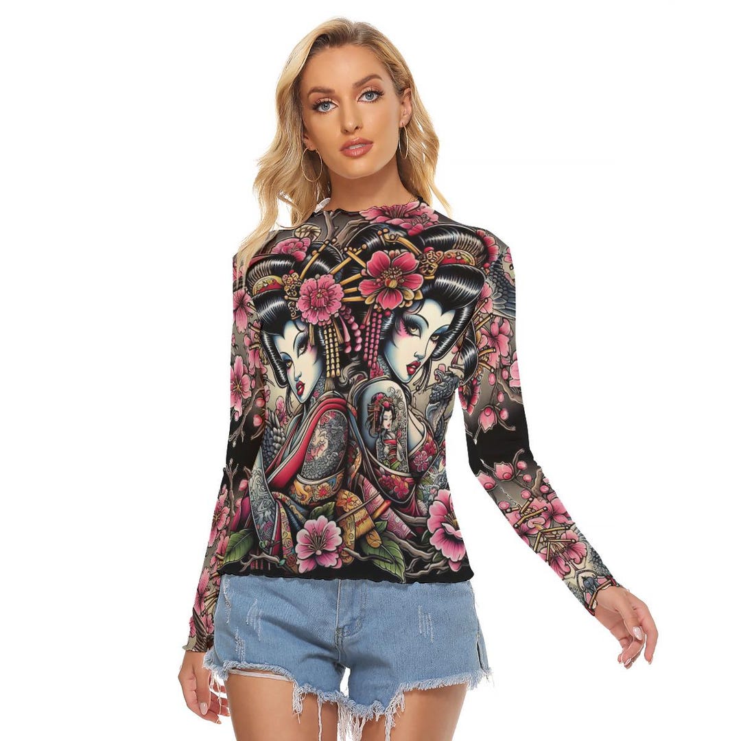 Geisha Girl Mesh Top See Thru Shirt Blouse Tattoo Skin Tight Sheer Gift ...