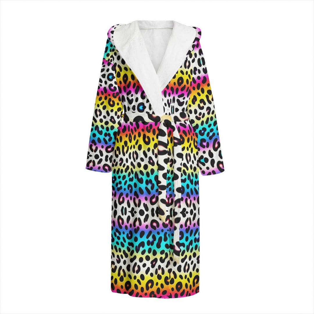 Rainbow Leopard Print Long Bathrobe Psychedelic Hooded Cozy Rave Lounge ...