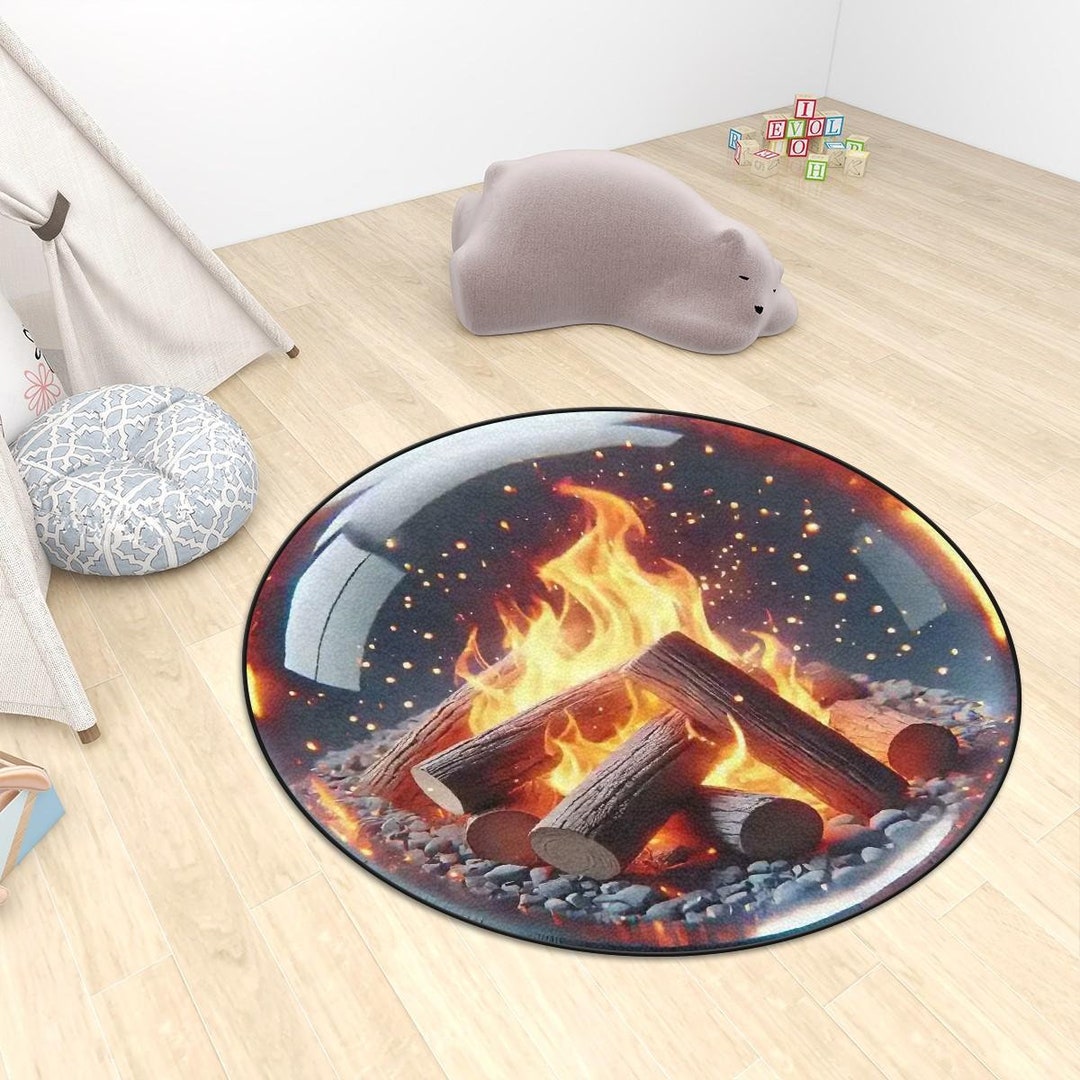 Log Fire Round Rug, Optical Illusion 3d Rugs, Circle Mats, Playroom ...