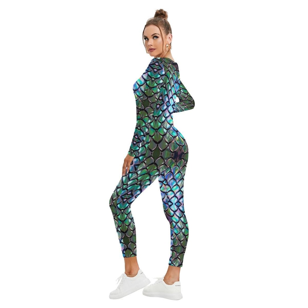Tarpon Fish Scale One Piece Cat Suit Jumpsuit Romper, V Neck Bodycon ...