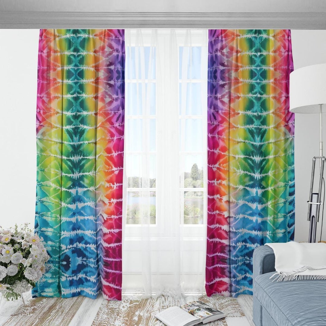 Rainbow Neon Blackout Curtains, Tie Dye Opaque Drapes, Set of 2 Panel ...