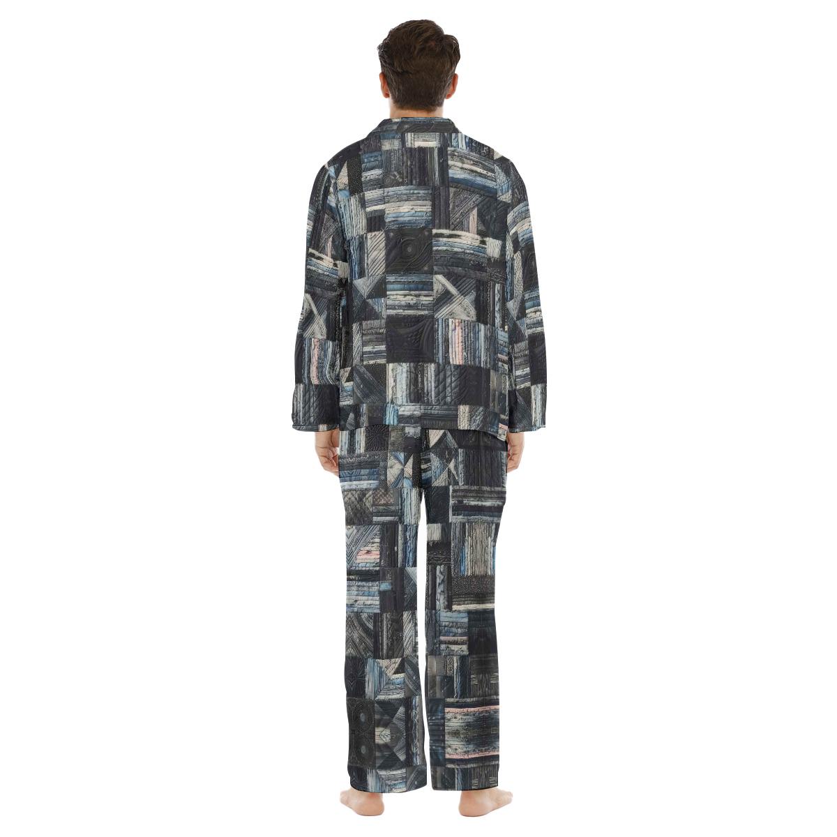 Denim Patchwork Mens Satin Pajamas Button Down Sleepwear Set Gift for ...