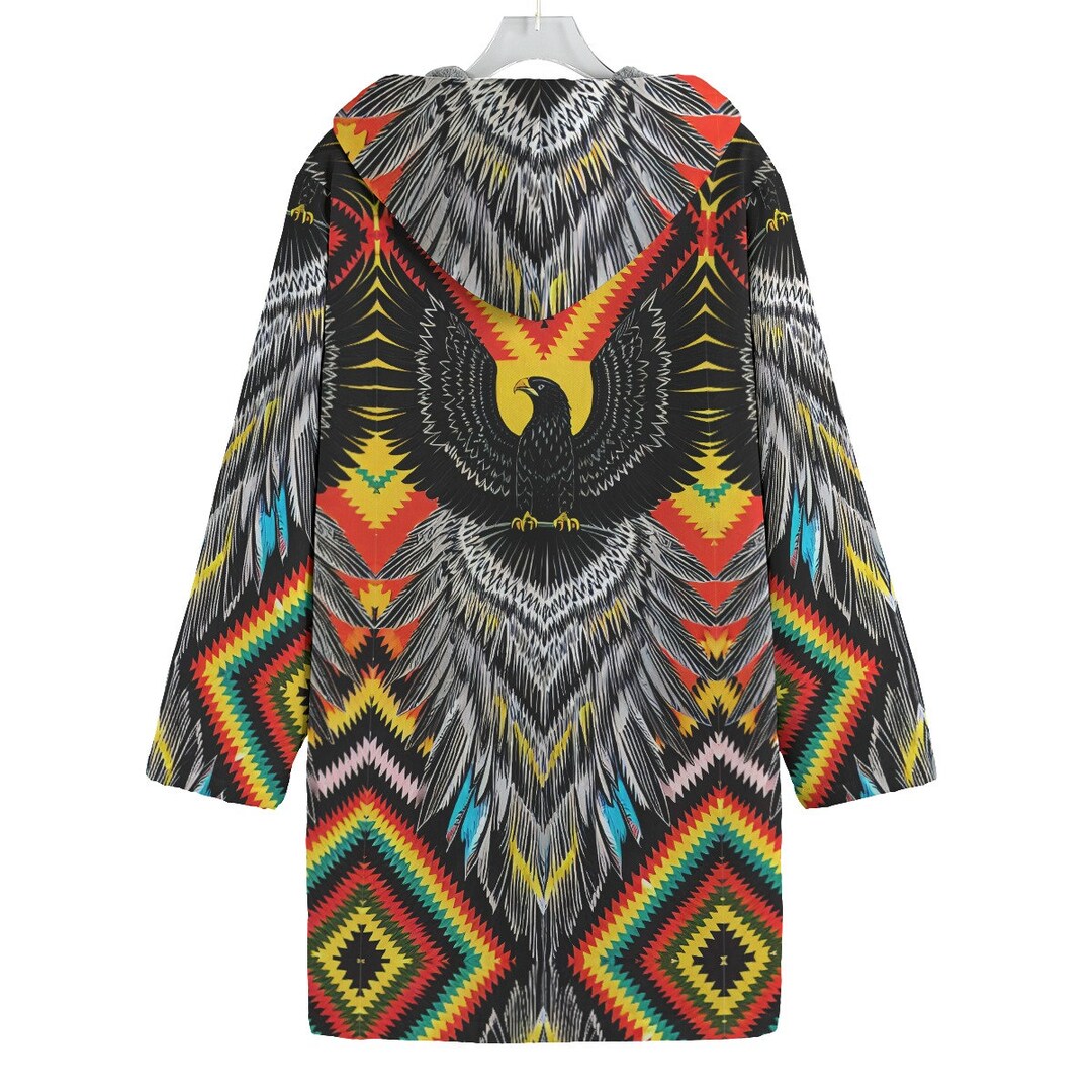 Thunderbird Tribal Feathers Cotton Canvas Hooded Jacket Cloak Fur ...