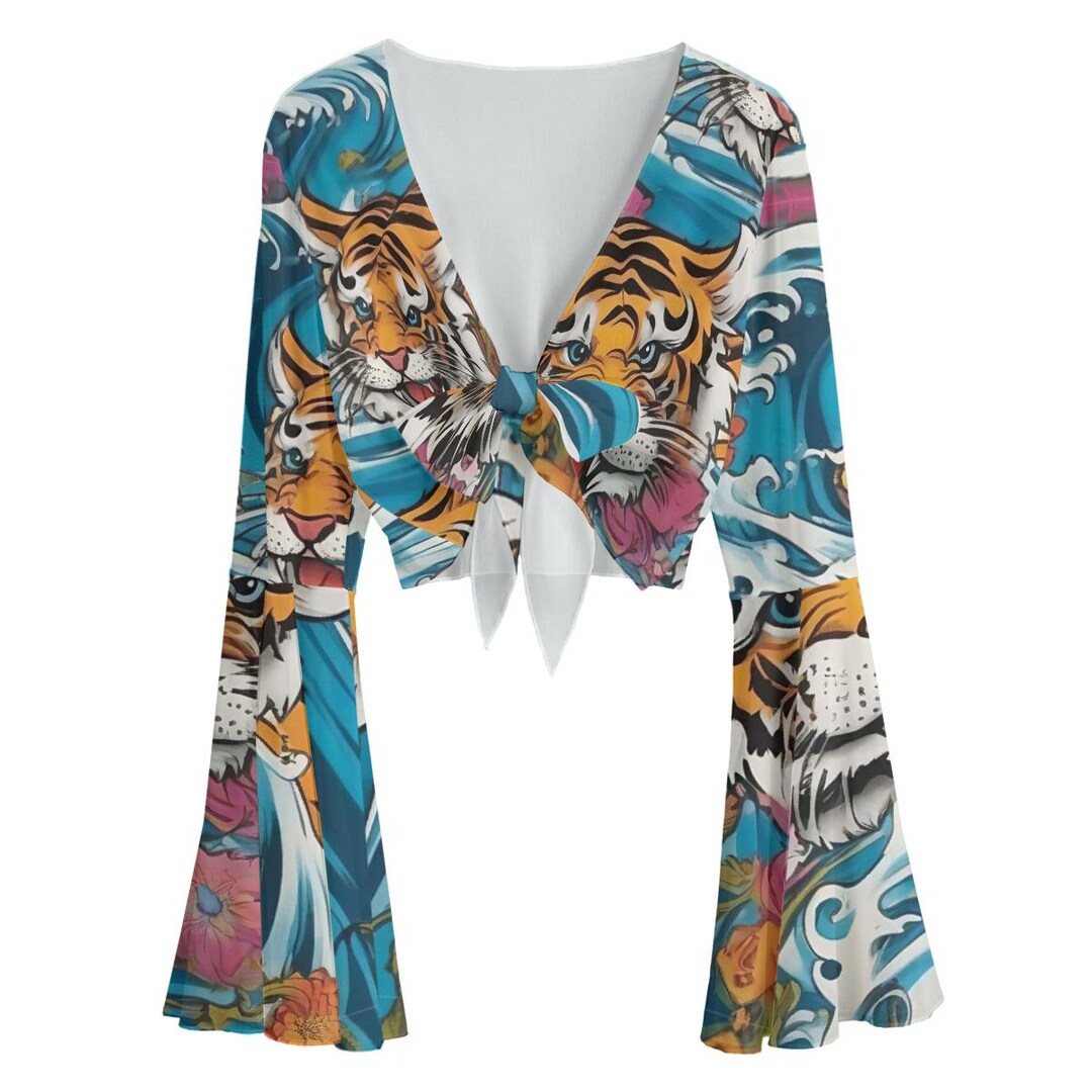 Tiger Tattoo Mesh Crop Top Bell Sleeves Rave Hippie, Belly Blouse ...