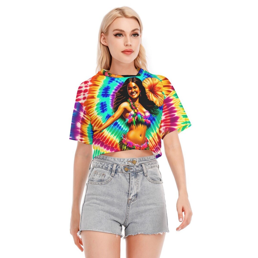 Hula Girl Luau Hawaiian Cotton Crop Top Womans Short Shirt Tee T-shirt ...
