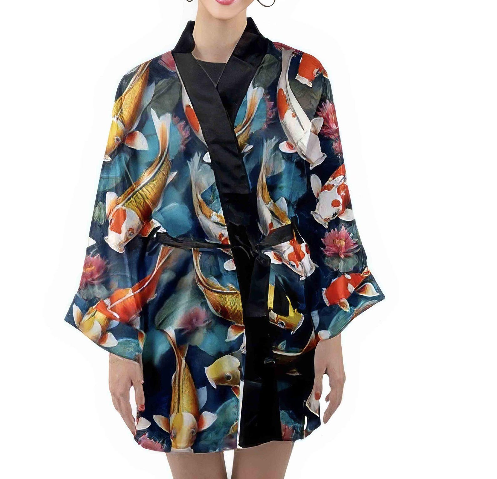 Koi Fish Satin Kimono , Floral Long Sleeve Robe, Bohemian Loungewear ...