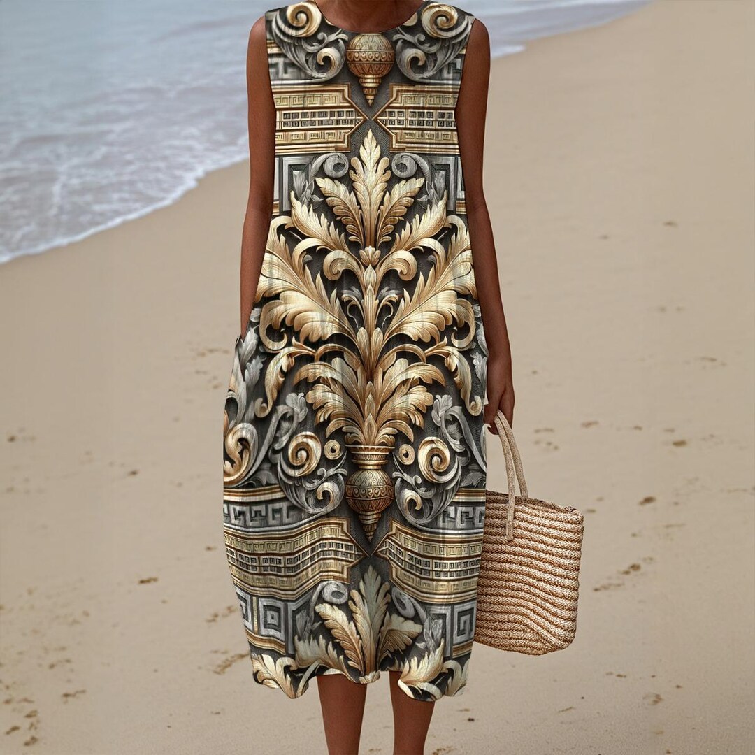 Baroque Greek Key Cotton Slub Dress, Sleeveless Maxi Shift Summer ...